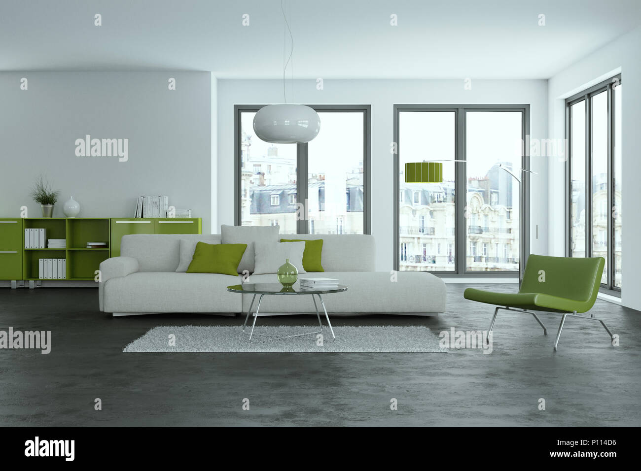 modern green living room interior design Stock Photo - Alamy