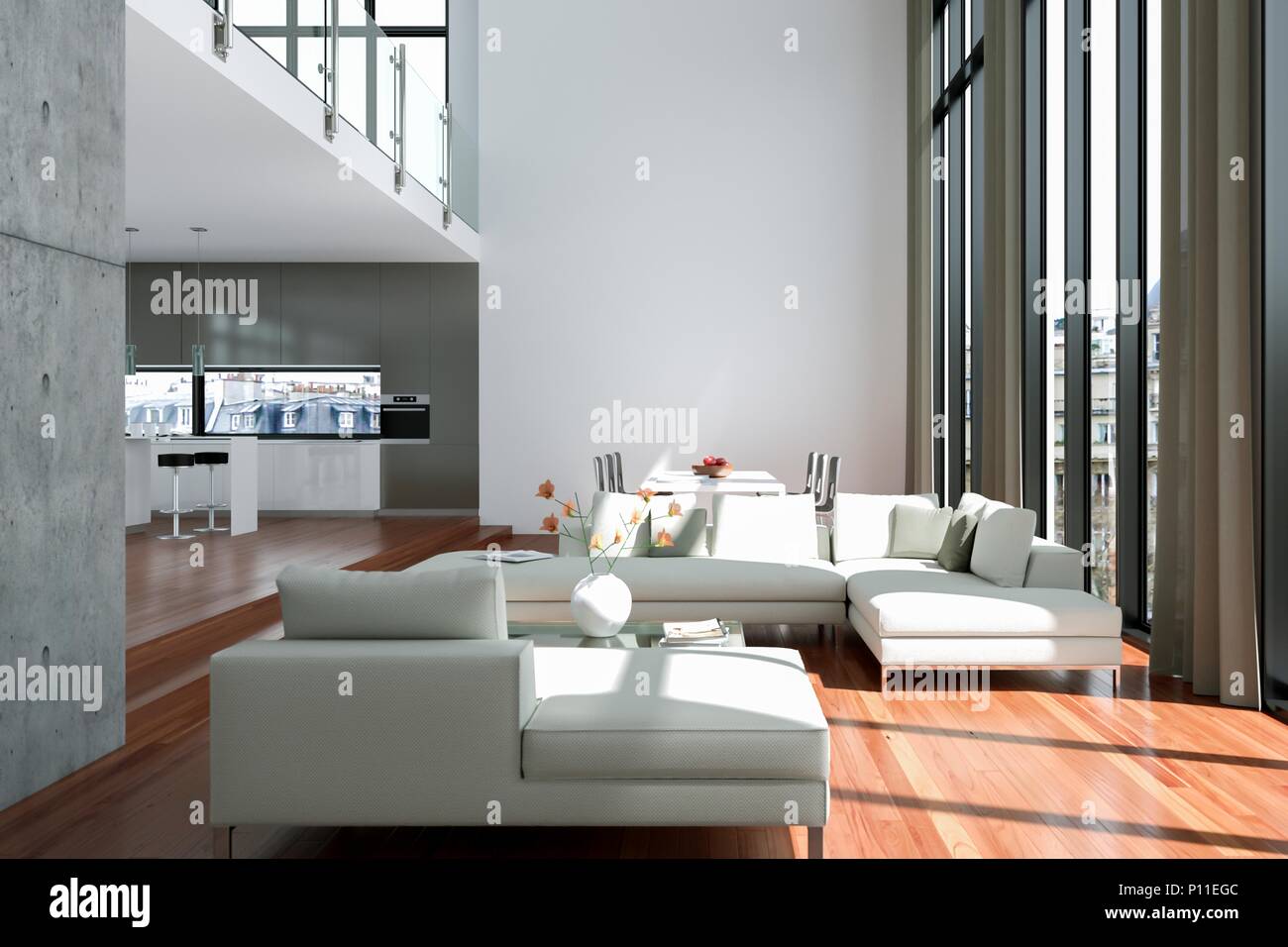 Modern bright loft with big Windows interior design Stock Photo - Alamy