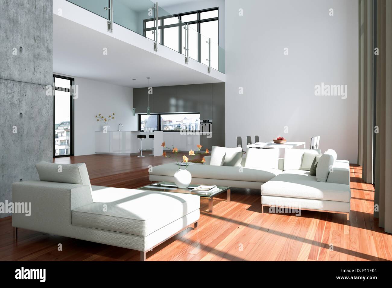 Modern bright loft with big Windows interior design Stock Photo - Alamy