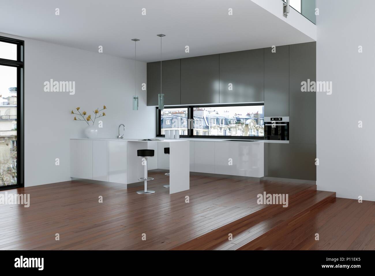 Modern bright loft with big Windows interior design Stock Photo - Alamy