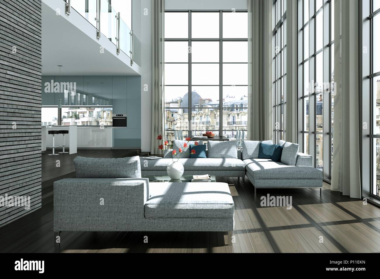 Modern bright loft with big Windows interior design Stock Photo - Alamy