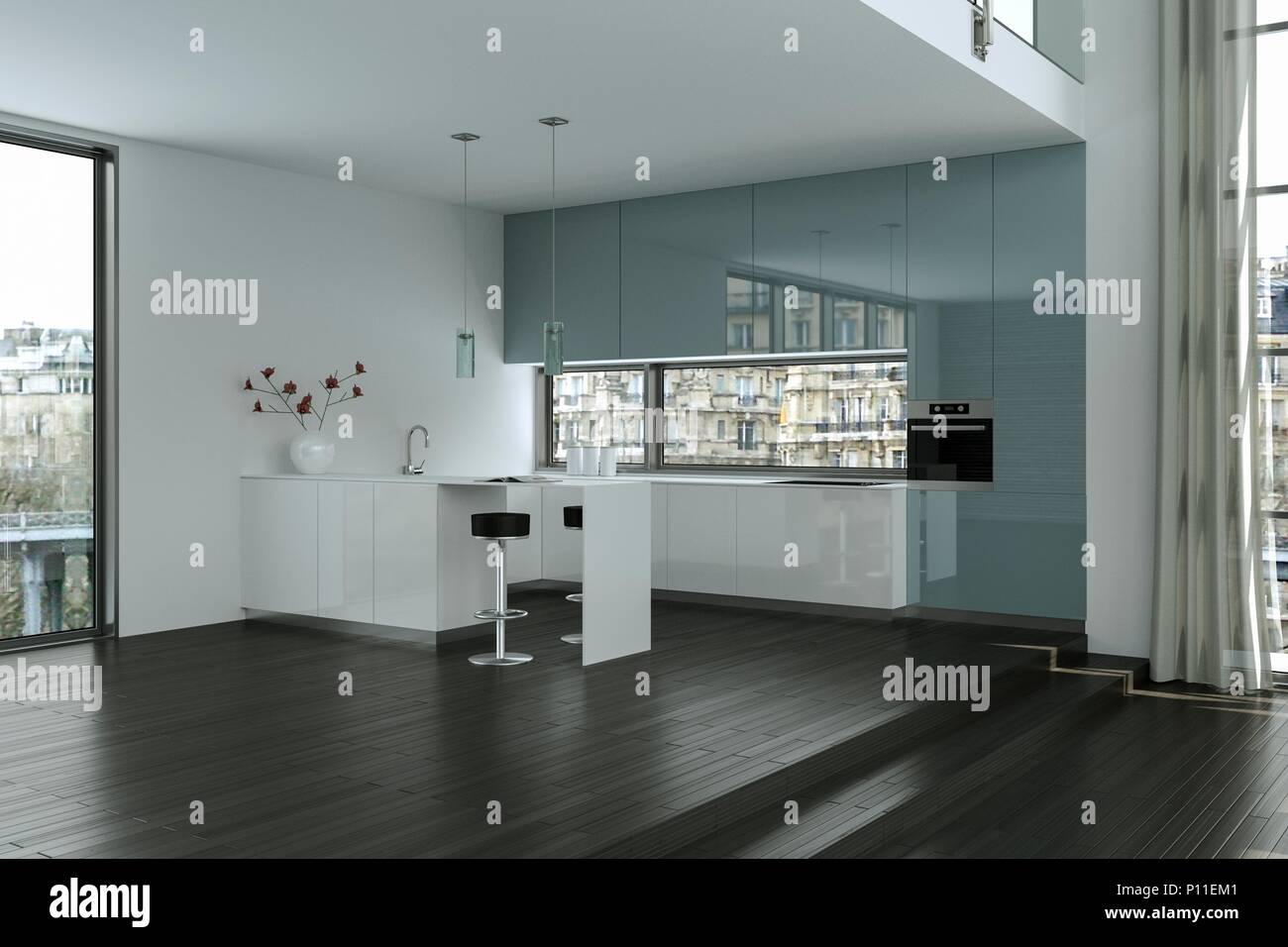 Modern bright loft with big Windows interior design Stock Photo - Alamy