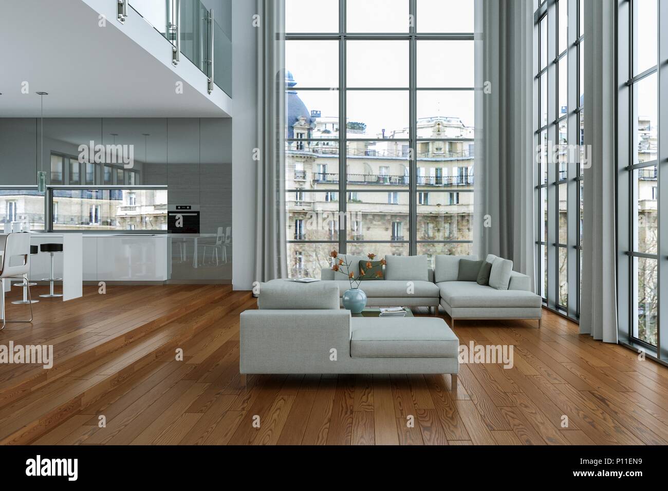 Modern bright loft with big Windows interior design Stock Photo - Alamy