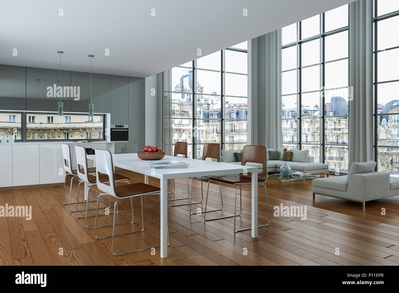 Modern bright loft with big Windows interior design Stock Photo - Alamy