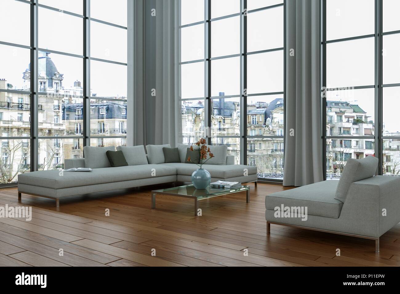 Modern bright loft with big Windows interior design Stock Photo - Alamy