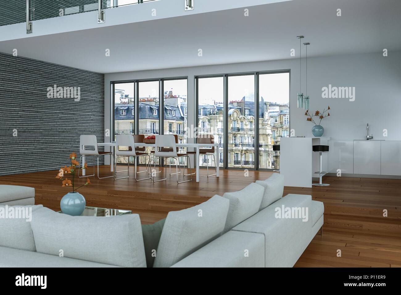 Modern bright loft with big Windows interior design Stock Photo - Alamy