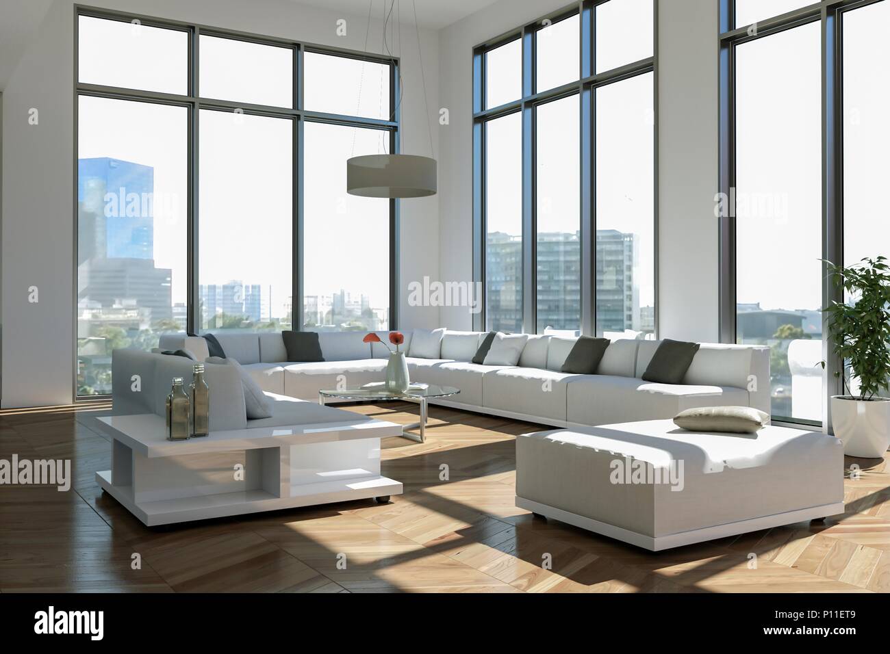 Modern bright loft with big Windows interior design Stock Photo - Alamy