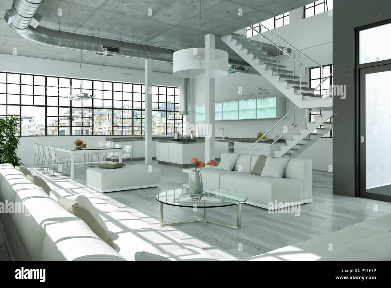 Modern bright loft with big Windows interior design Stock Photo - Alamy