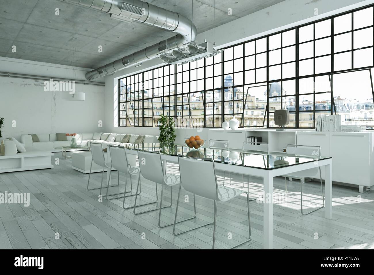 Modern bright loft with big Windows interior design Stock Photo - Alamy