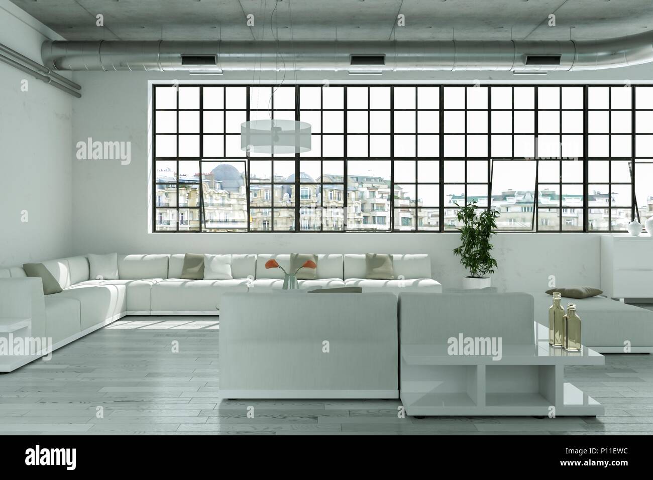Modern bright loft with big Windows interior design Stock Photo - Alamy