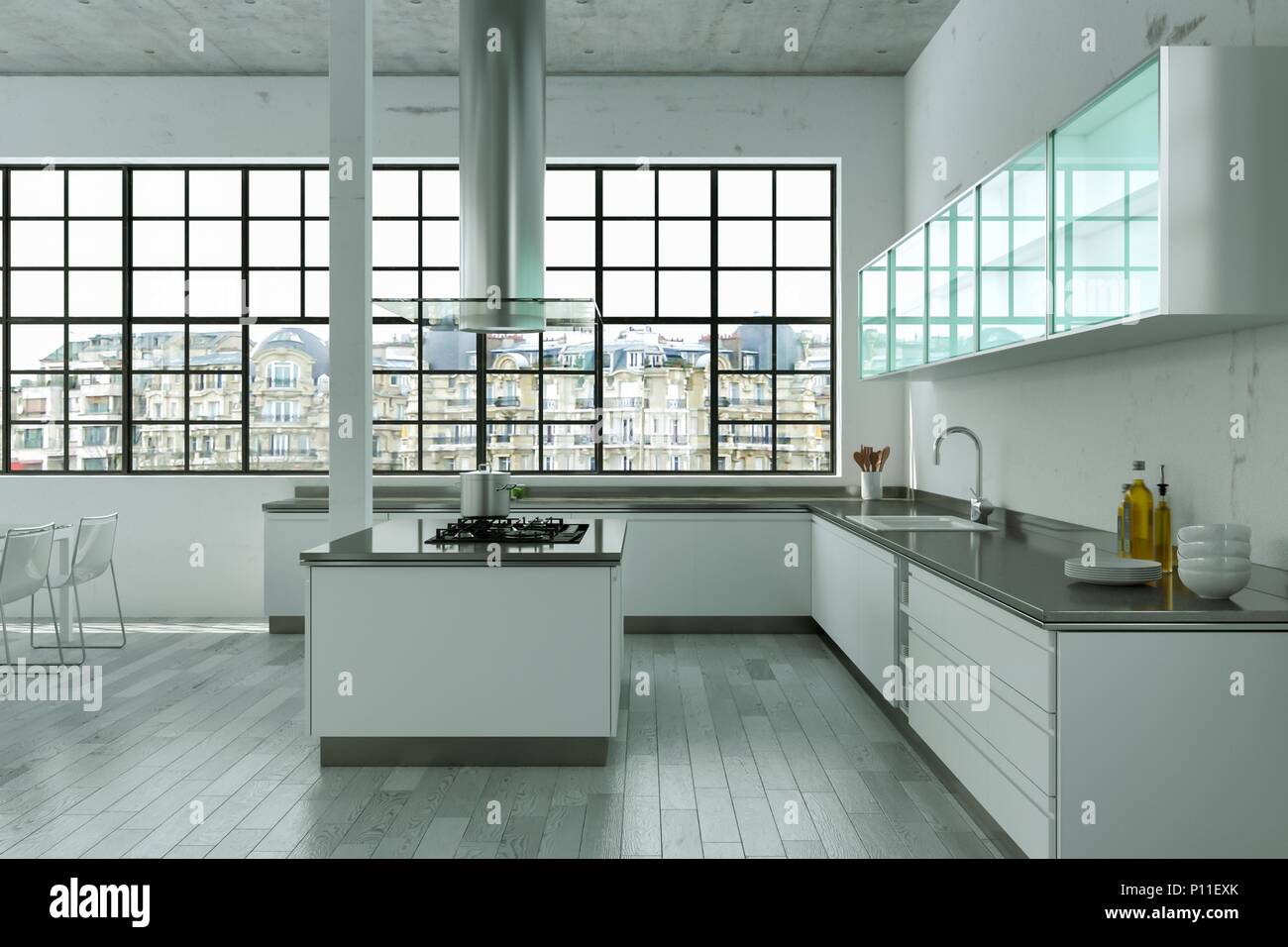 Modern bright loft with big Windows interior design Stock Photo - Alamy