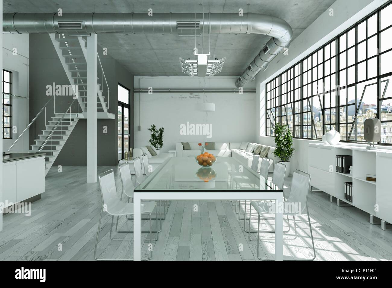 Modern bright loft with big Windows interior design Stock Photo - Alamy
