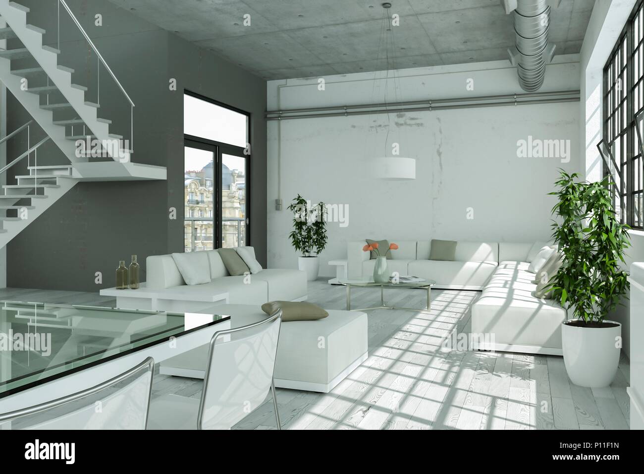 Modern bright loft with big Windows interior design Stock Photo - Alamy