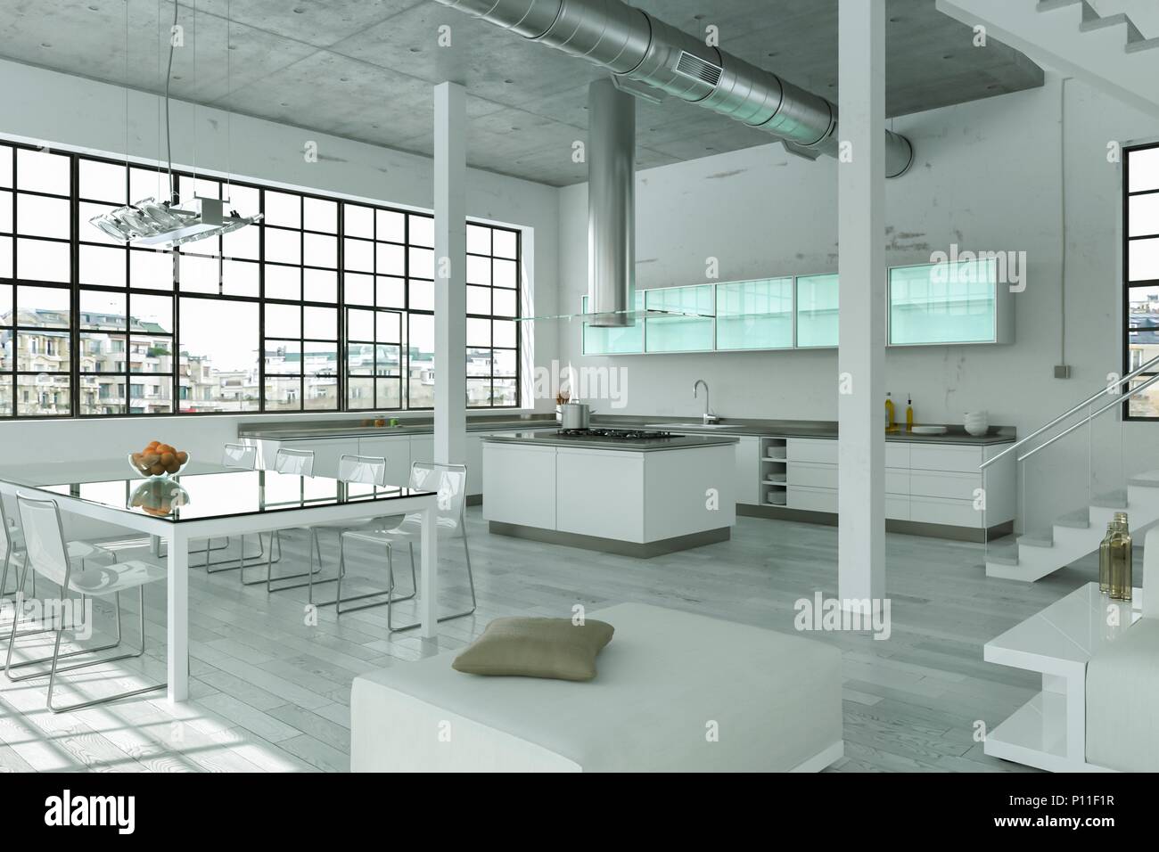 Modern bright loft with big Windows interior design Stock Photo - Alamy