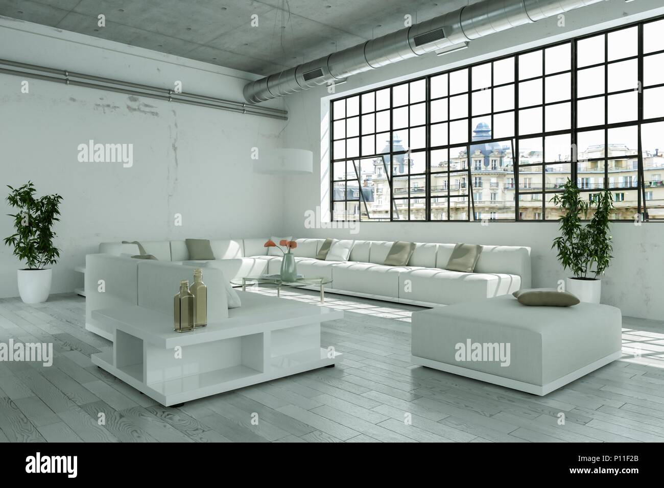 Modern bright loft with big Windows interior design Stock Photo - Alamy