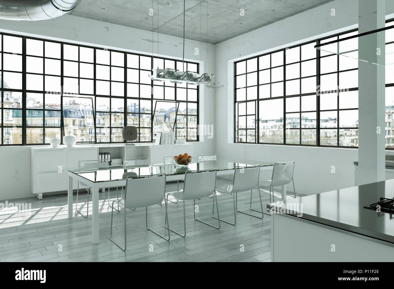 Modern bright loft with big Windows interior design Stock Photo - Alamy