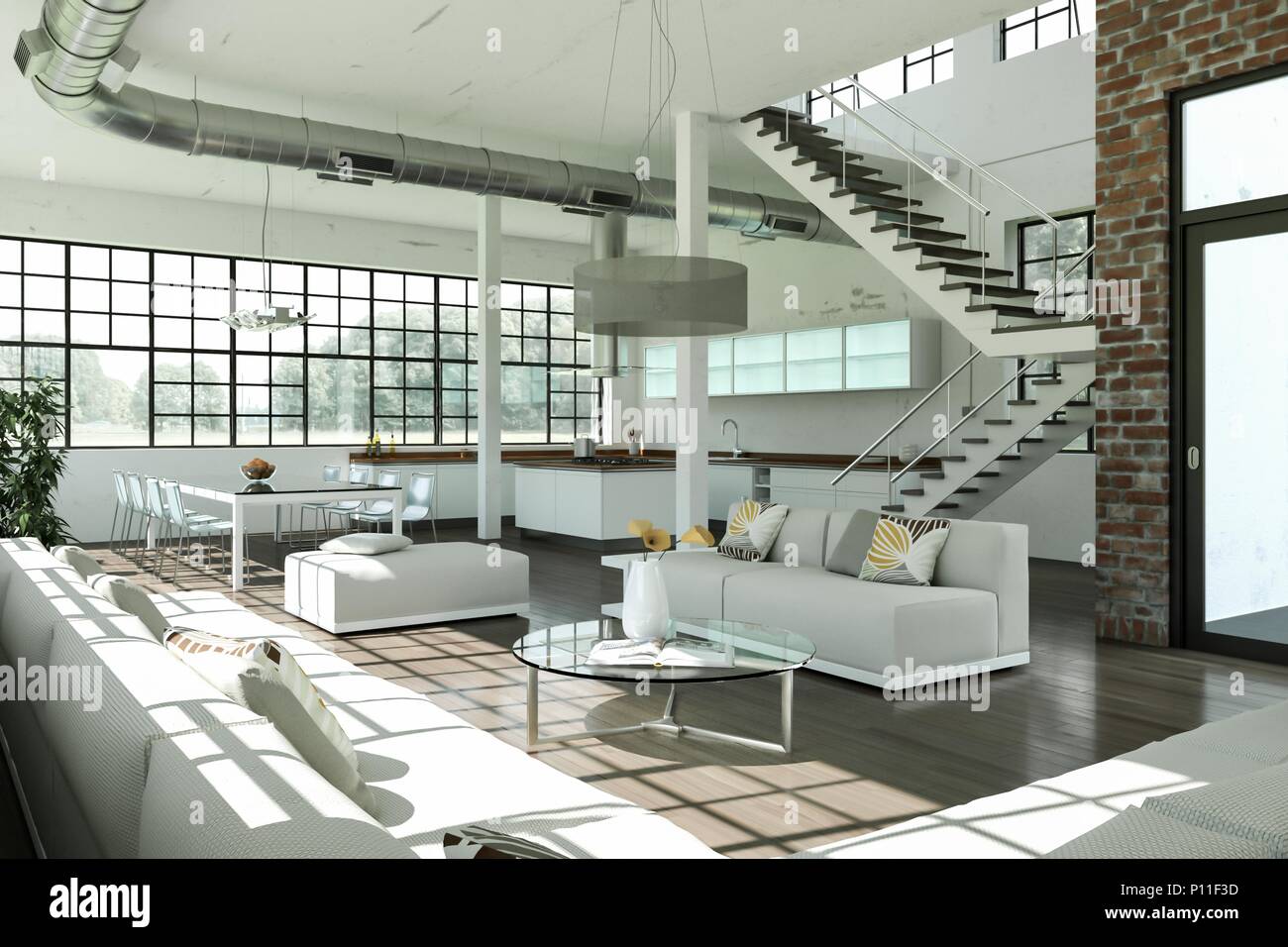 Modern bright loft with big Windows interior design Stock Photo - Alamy