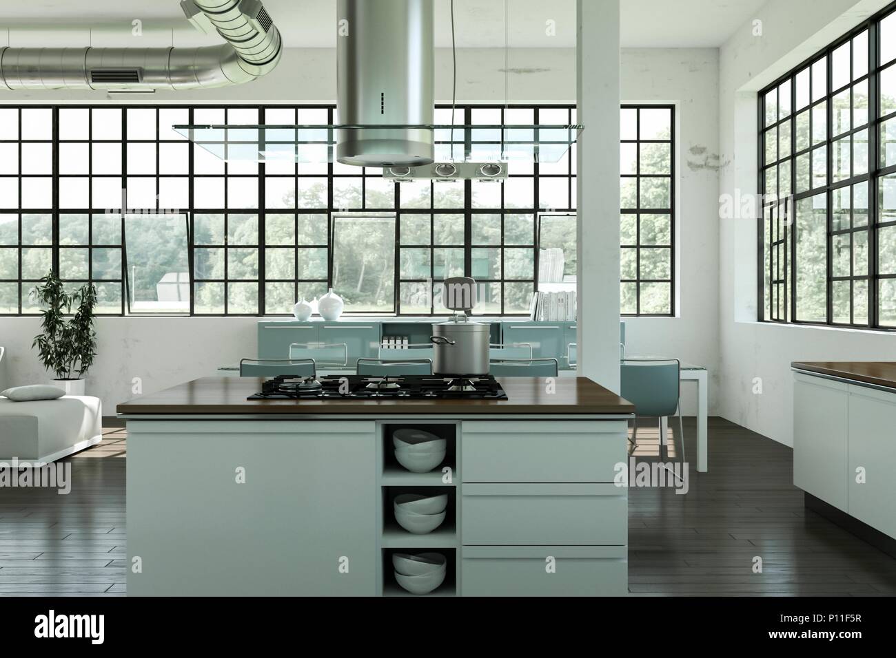 Modern bright loft with big Windows interior design Stock Photo - Alamy