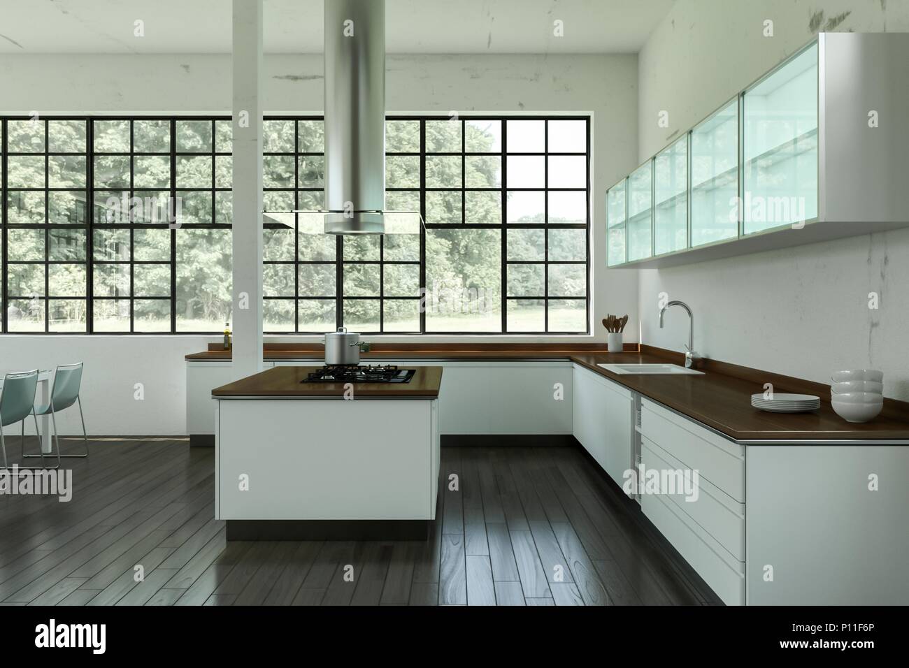 Modern bright loft with big Windows interior design Stock Photo - Alamy