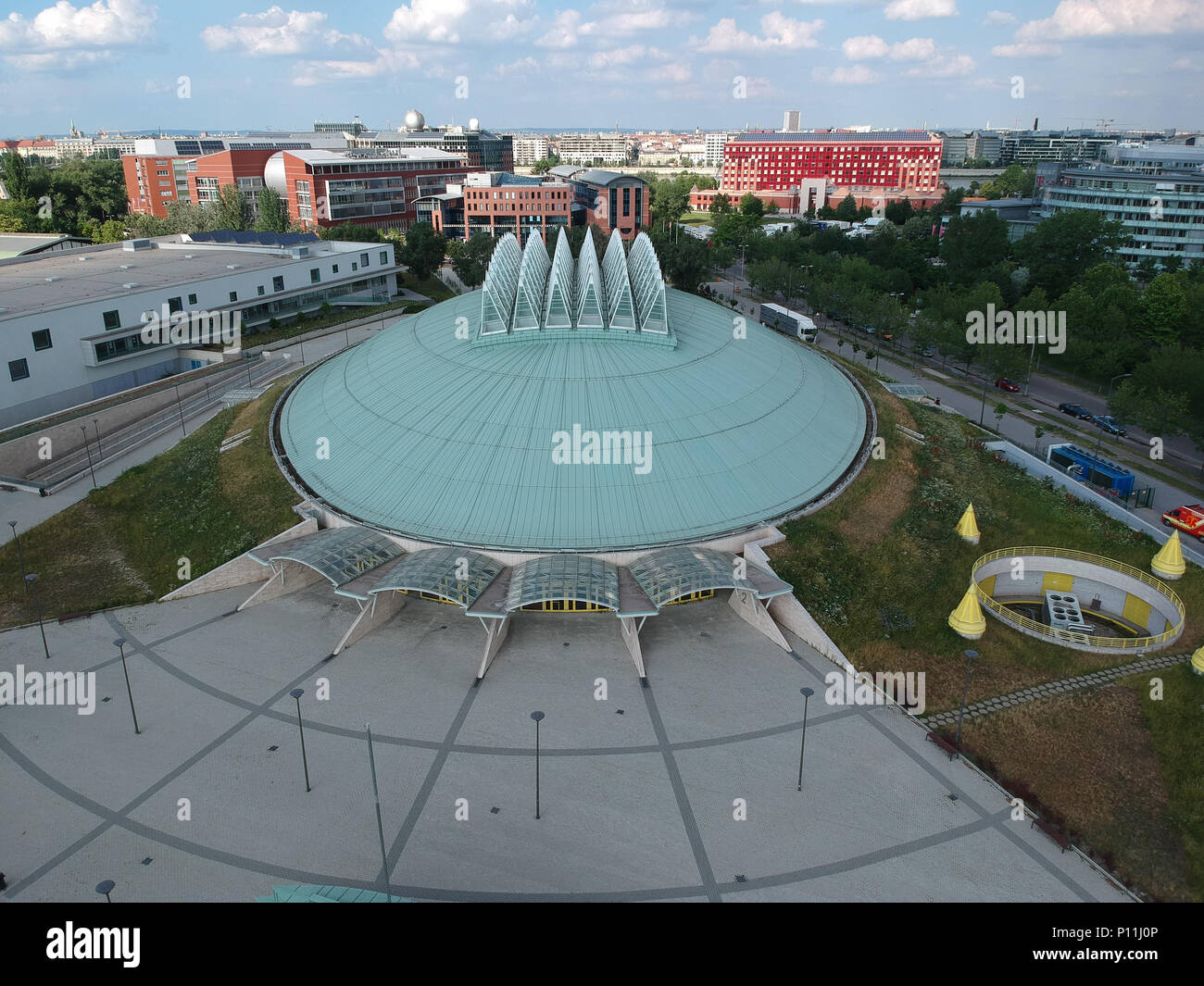 Aerial view of a sport arena called Tuskecsarnok in Budapest, Hungary ...