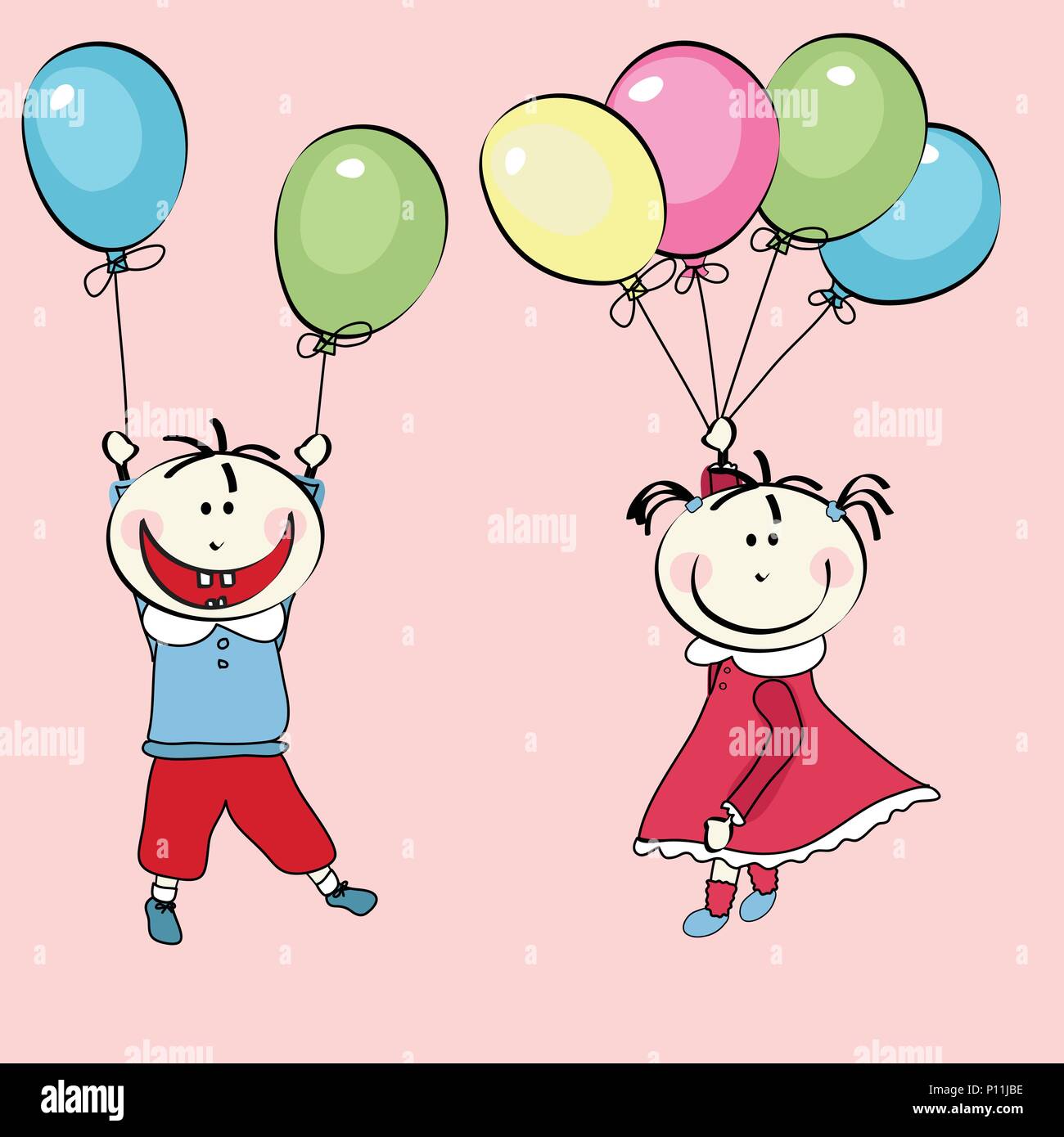 Happy little boy and little girl flying with the balloons Stock Vector ...