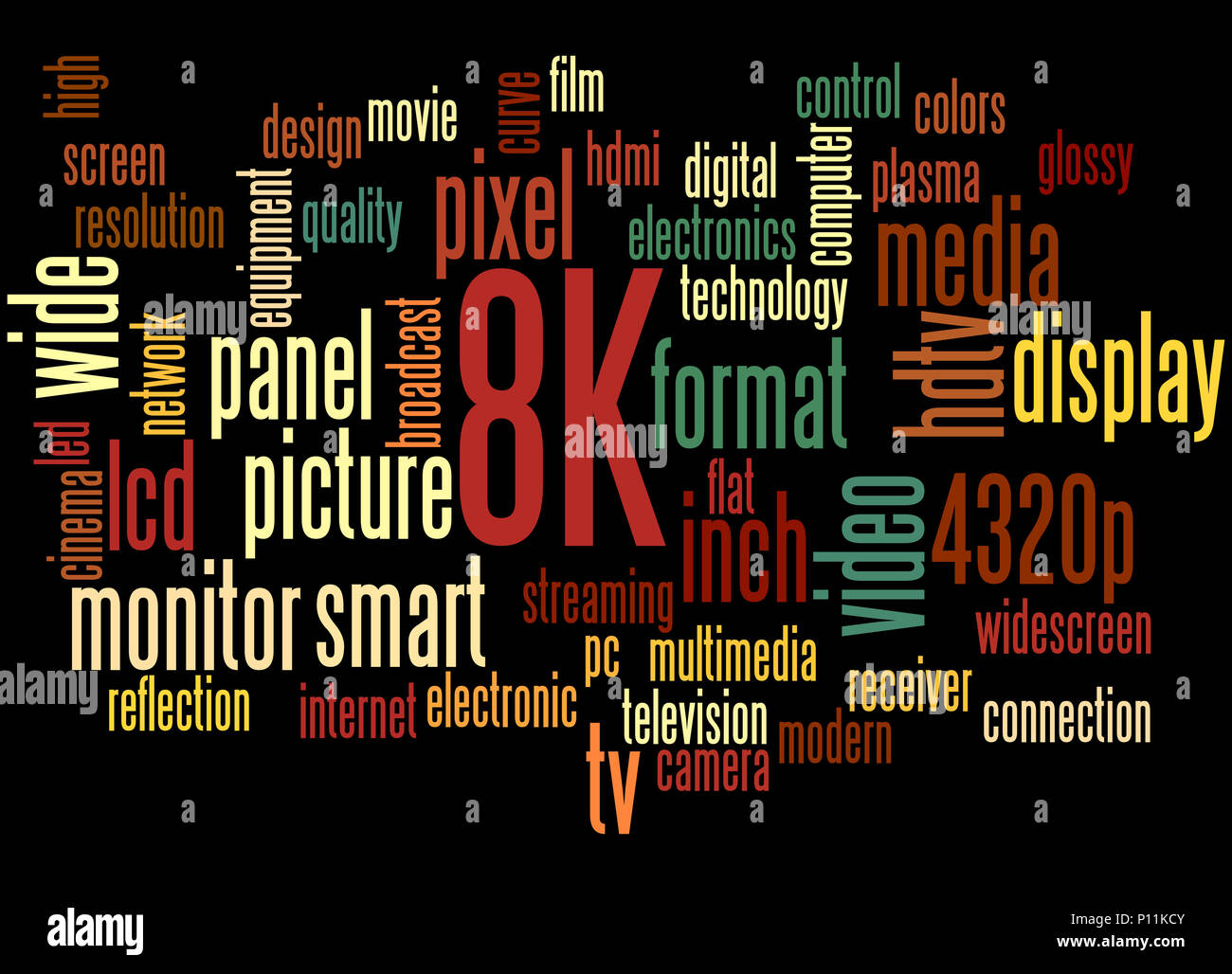 8K screen resolution, word cloud concept on black background Stock ...