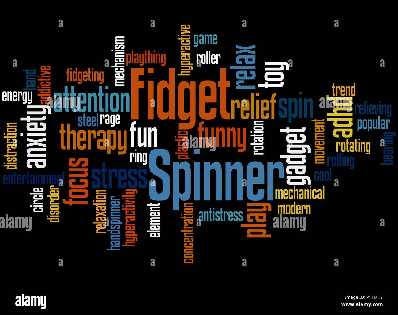 Fidget spinner, word cloud concept on black background Stock Photo - Alamy