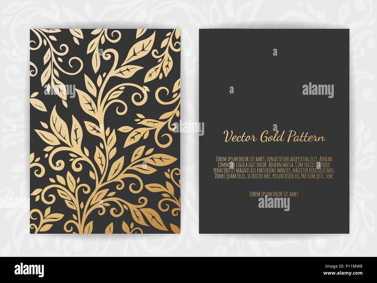 Gold greeting card on a black background. Luxury ornament template ...