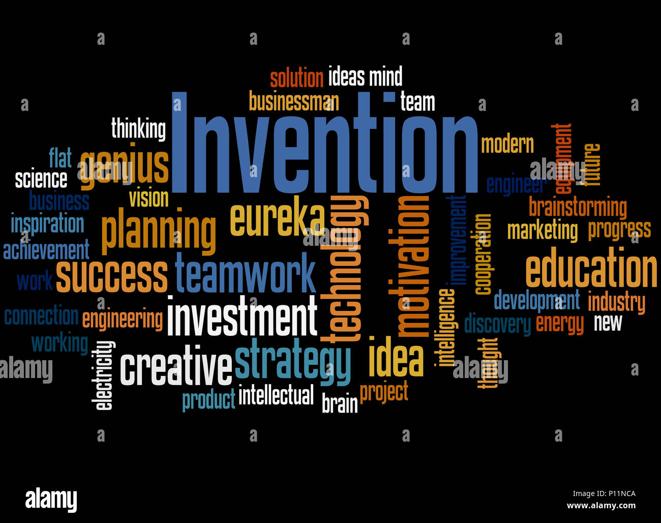 Invention, word cloud concept on black background Stock Photo - Alamy