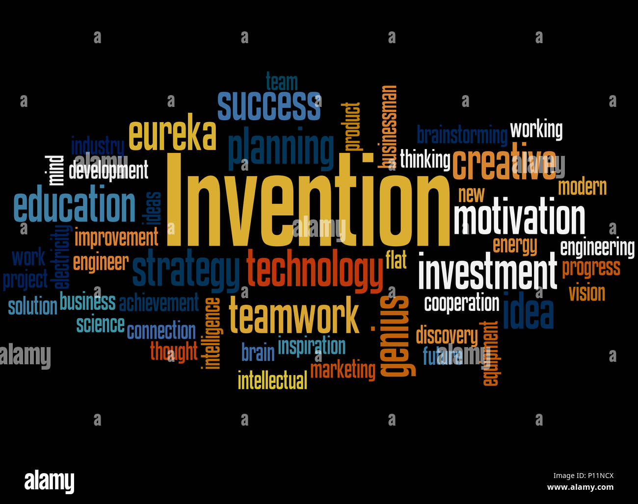 Invention, word cloud concept on black background Stock Photo - Alamy