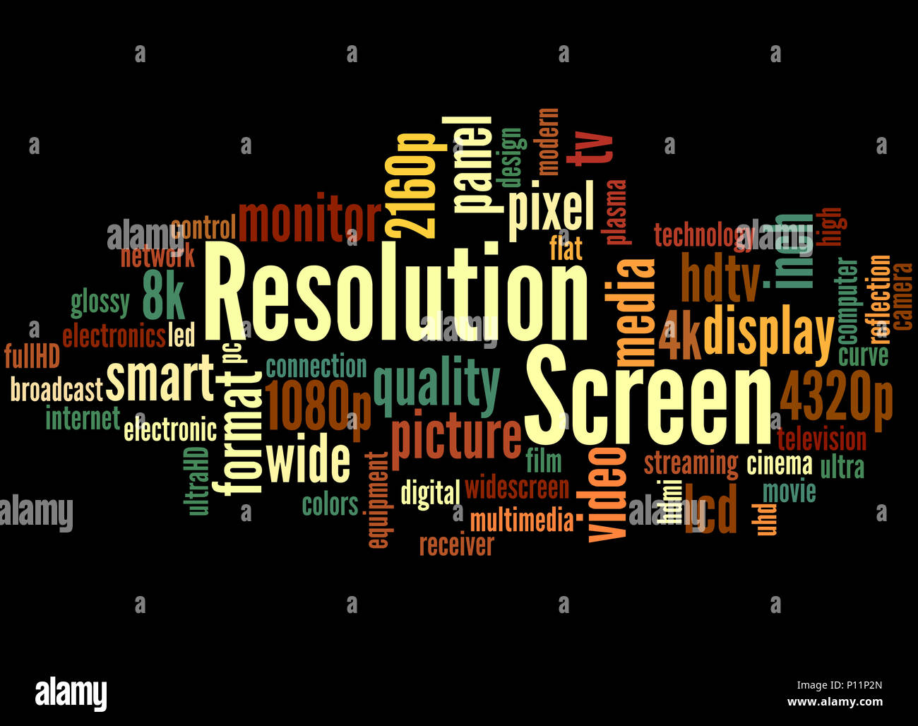 Screen resolution, word cloud concept on black background Stock Photo ...