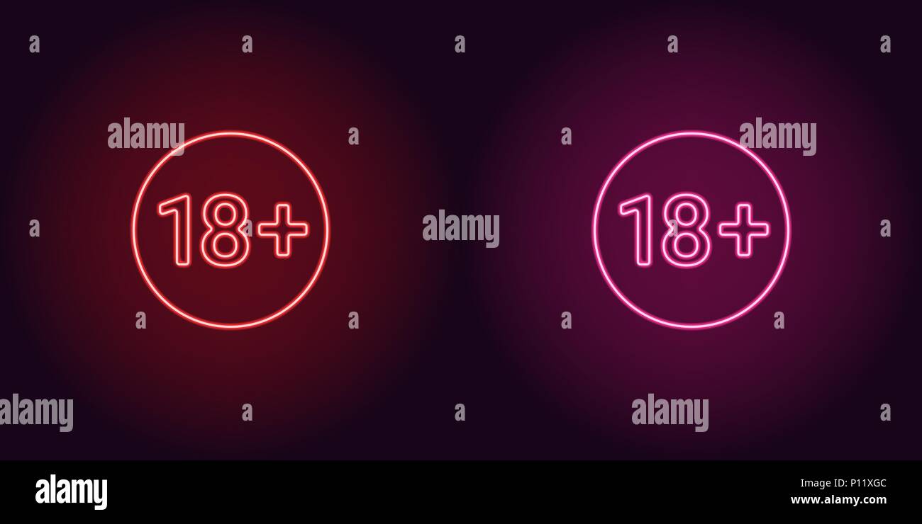 Neon icon of Age limit for Under 18. Red and pink vector sign of ...