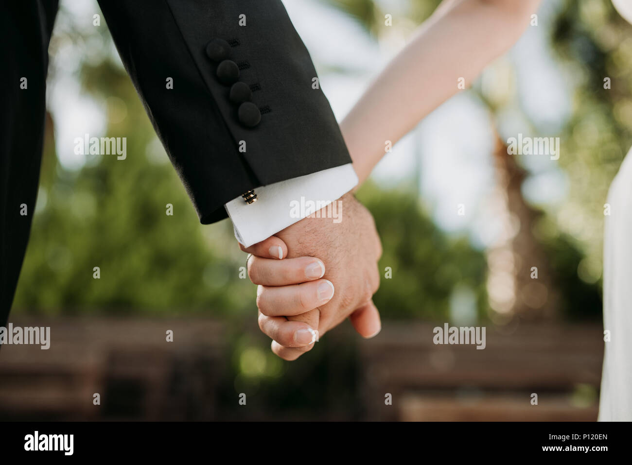 Wedding couple holding hands on green background Stock Photo - Alamy