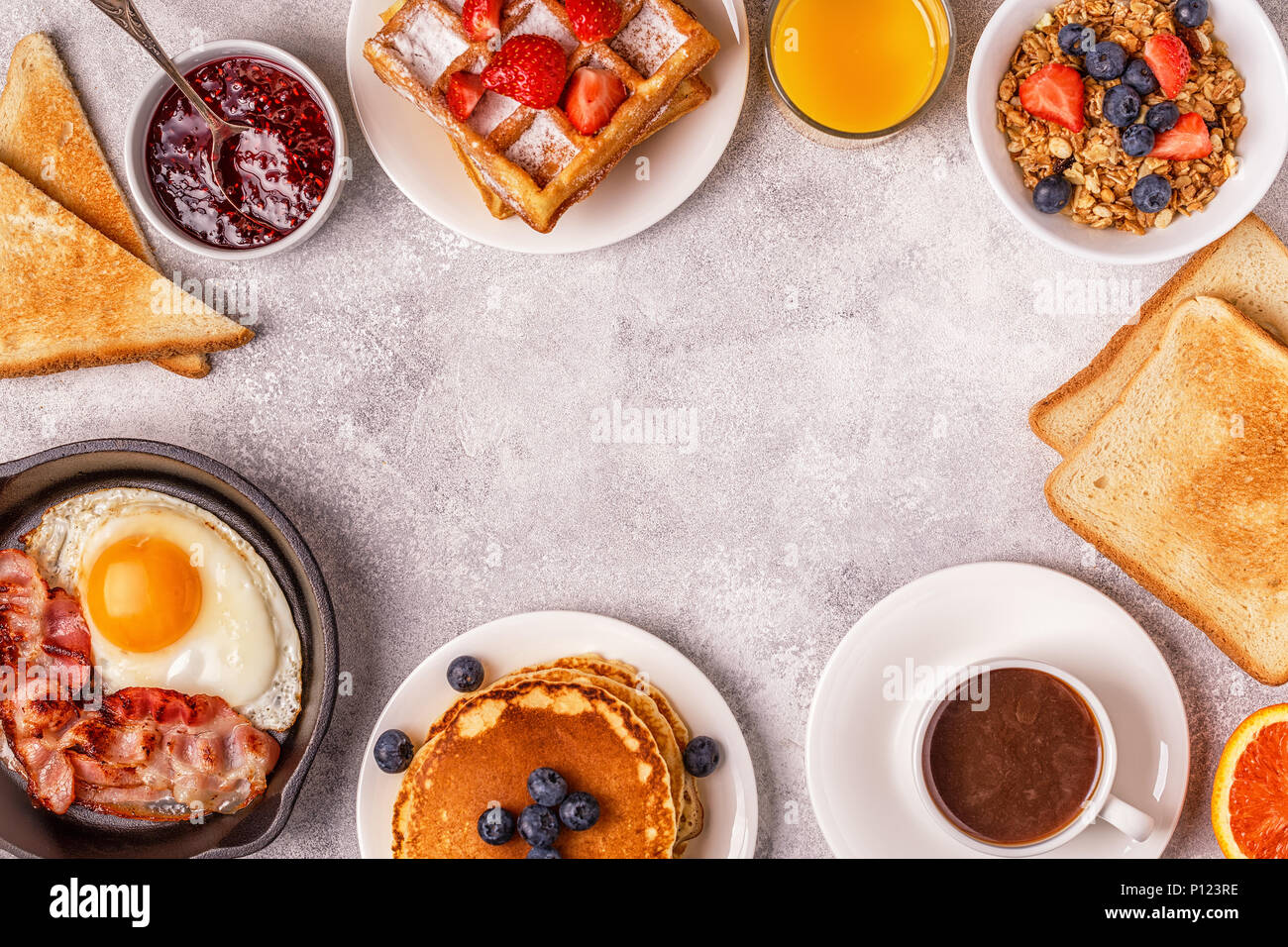 Delicious breakfast on a light table. Top view, copy space Stock Photo ...