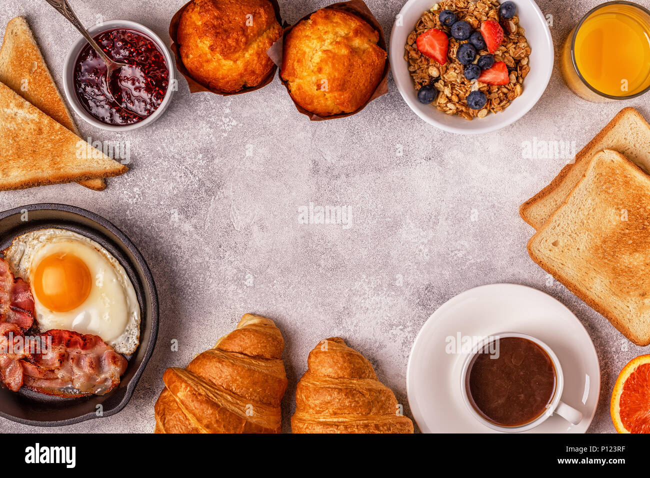 Delicious breakfast on a light table. Top view, copy space Stock Photo ...