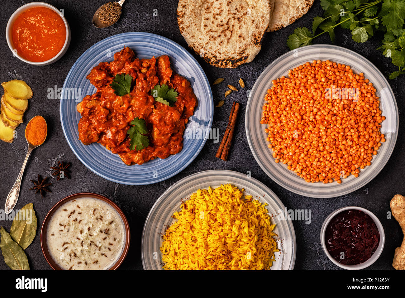 Traditional Indian curry with rice, lentils. Top view Stock Photo - Alamy