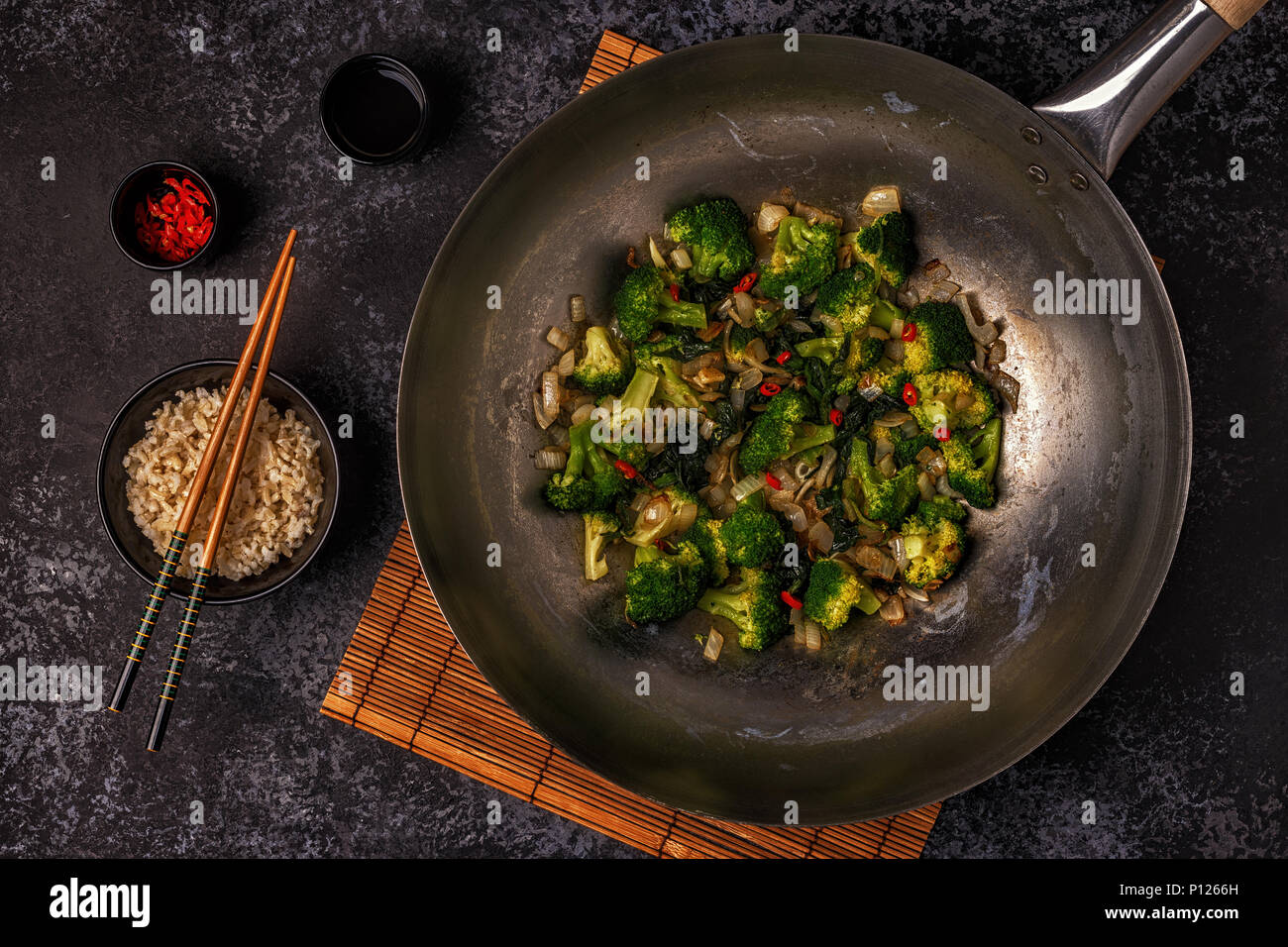 Cooking asian wok with stir fry vegetables, top view, copy space Stock ...