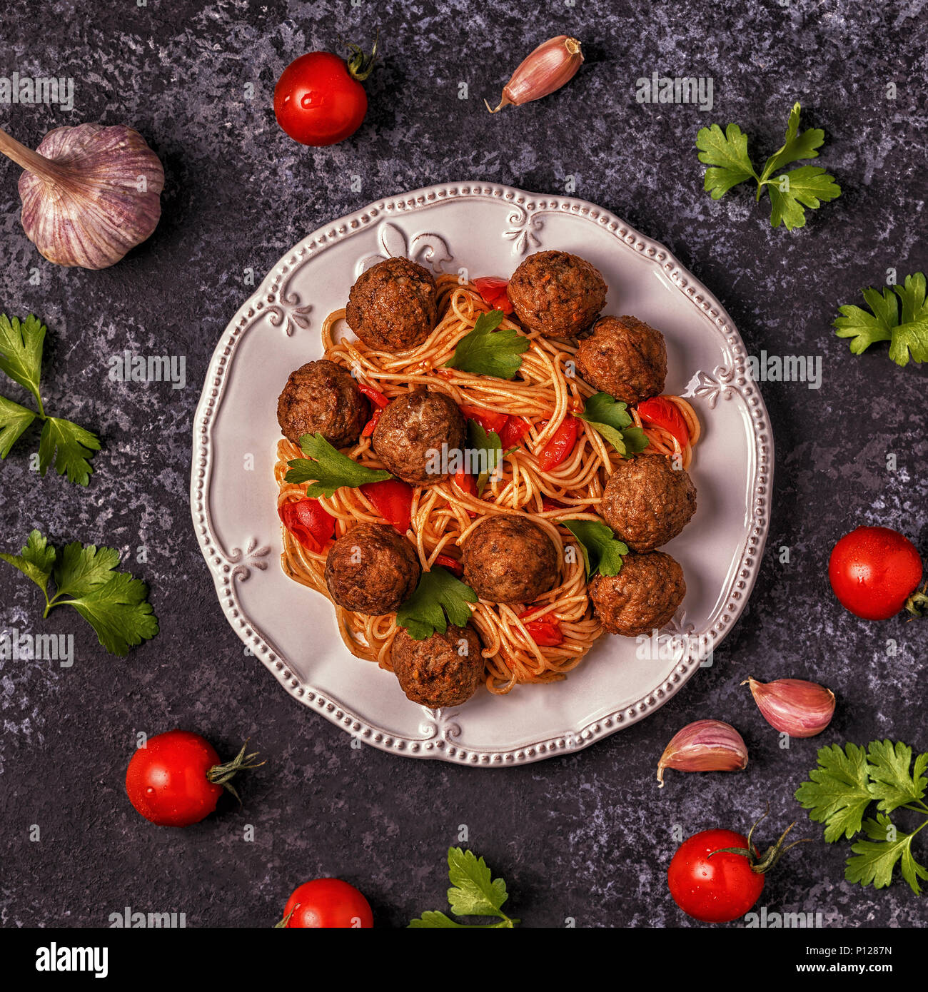 Roasted meatballs with spaghetti. Top view, copy space Stock Photo - Alamy