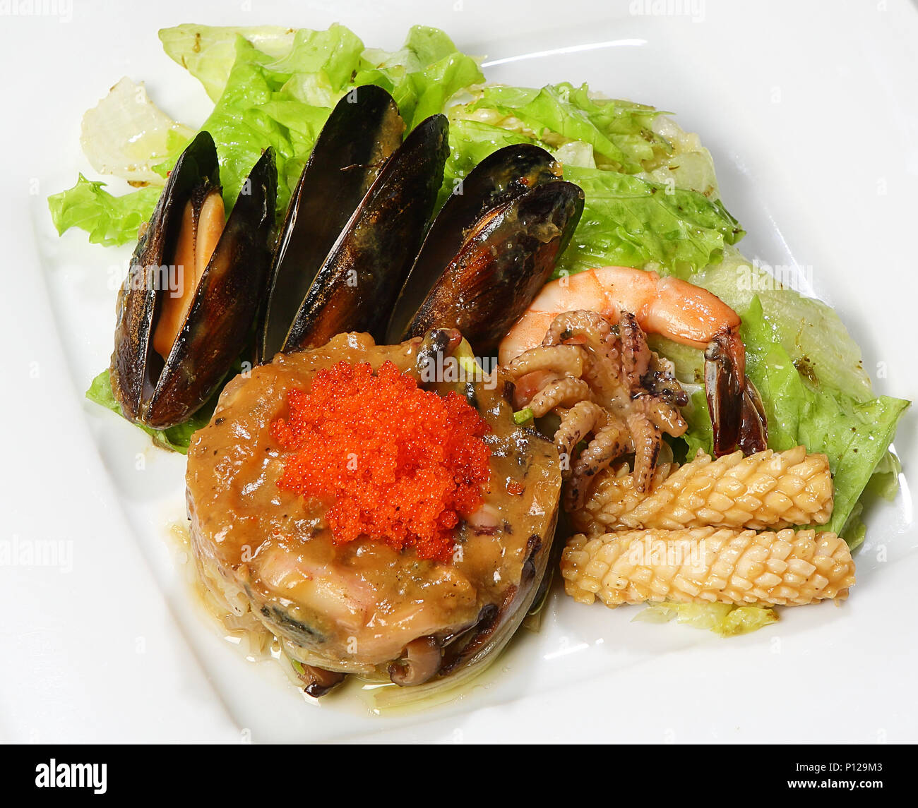 Seafood salad with oyster sauce (scallop, tiger shrimp, mini octopus ...