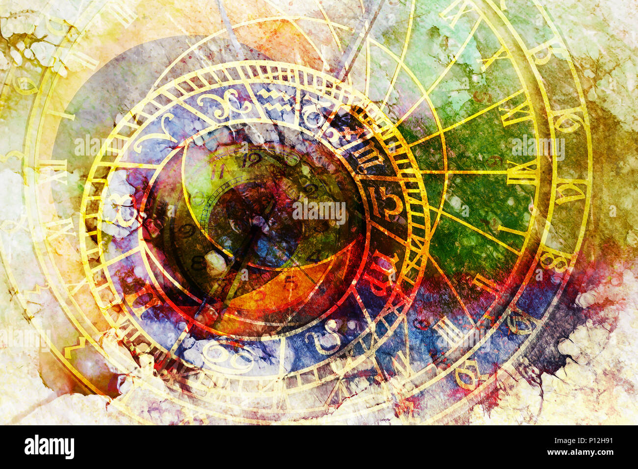 astrological symbol Zodiac and vintage pocket watch. Abstract color ...