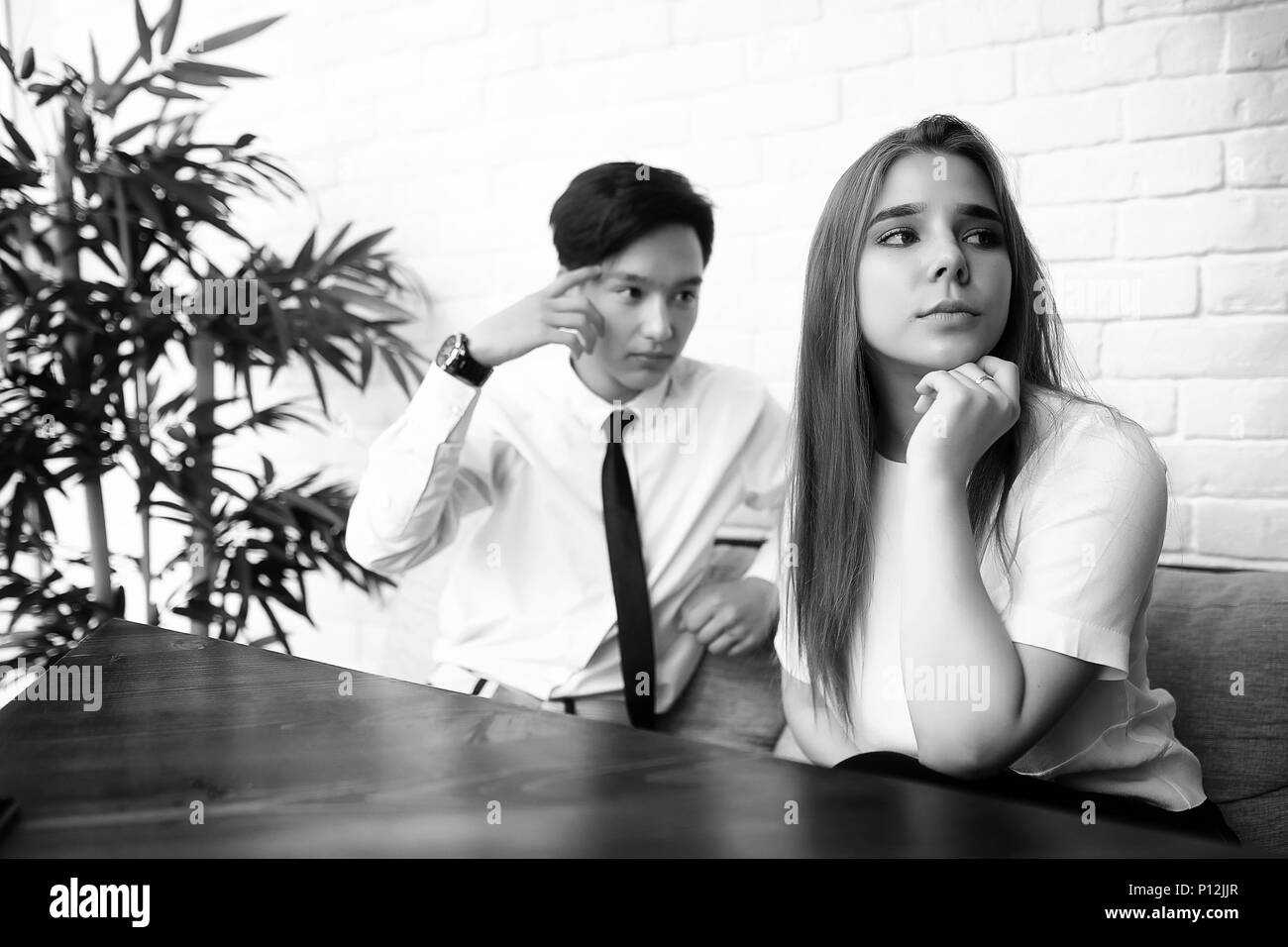 Two people talking cafe Black and White Stock Photos & Images - Alamy