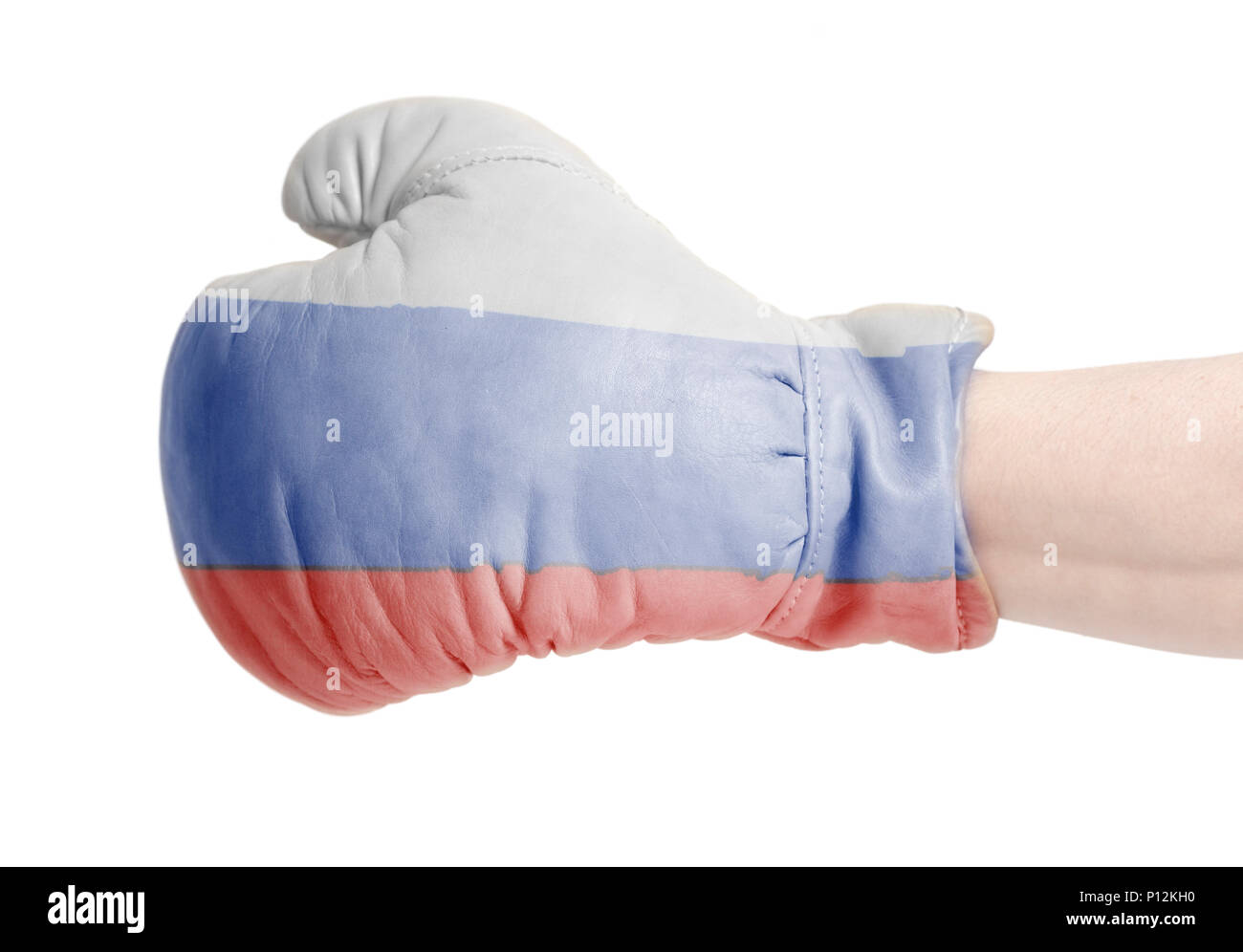 Flag of the Russian Federation on boxing gloves wearing in male hand ...