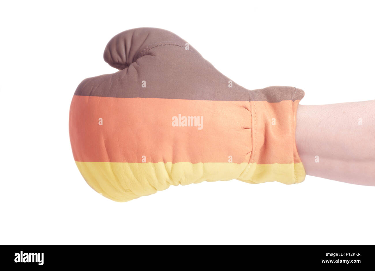 German flag on boxing gloves wearing in male hand isolated on a white ...