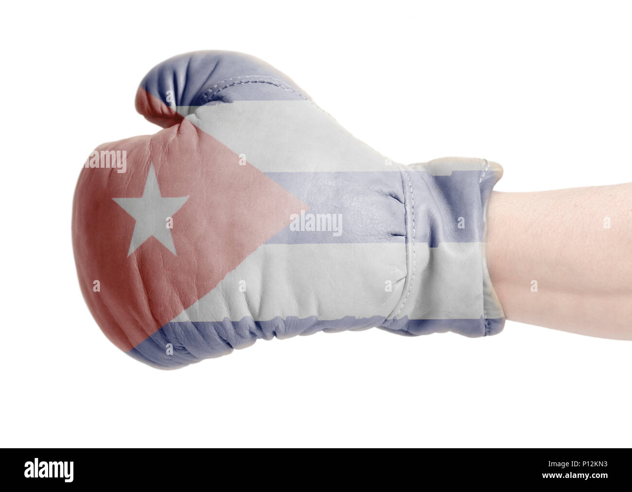 Flag of Cuba on boxing gloves wearing in male hand isolated on a white ...