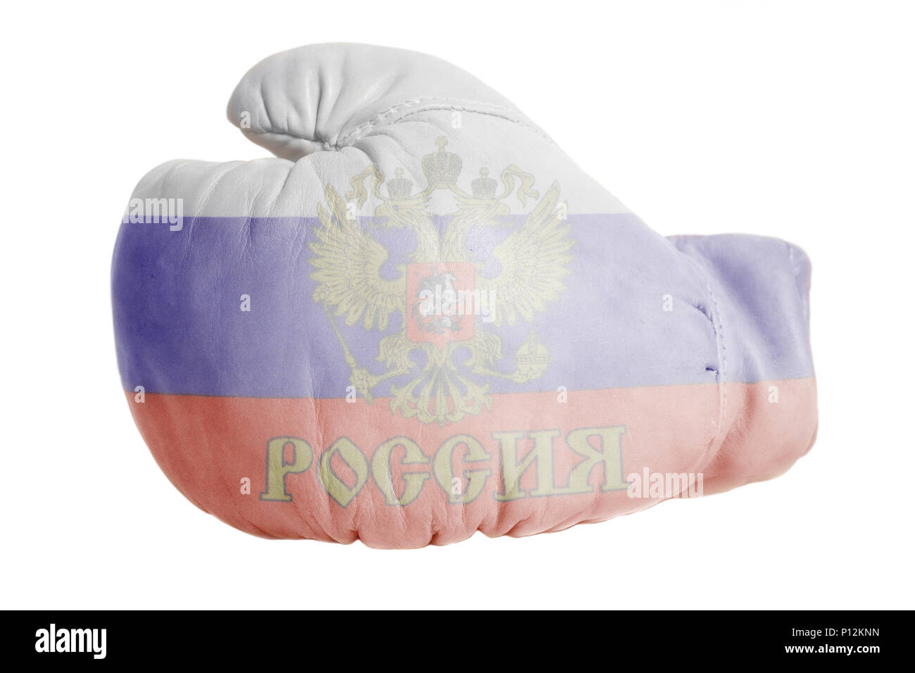 Russian Flag with coat of arms on boxing gloves wearing in male hand ...
