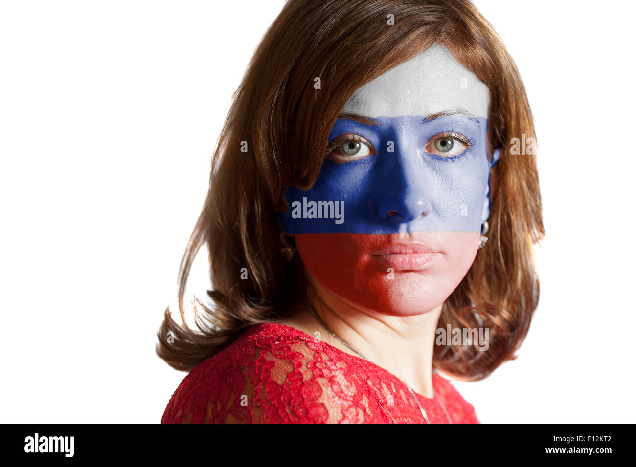 Woman face with painted Russian flag isolated on a white background ...