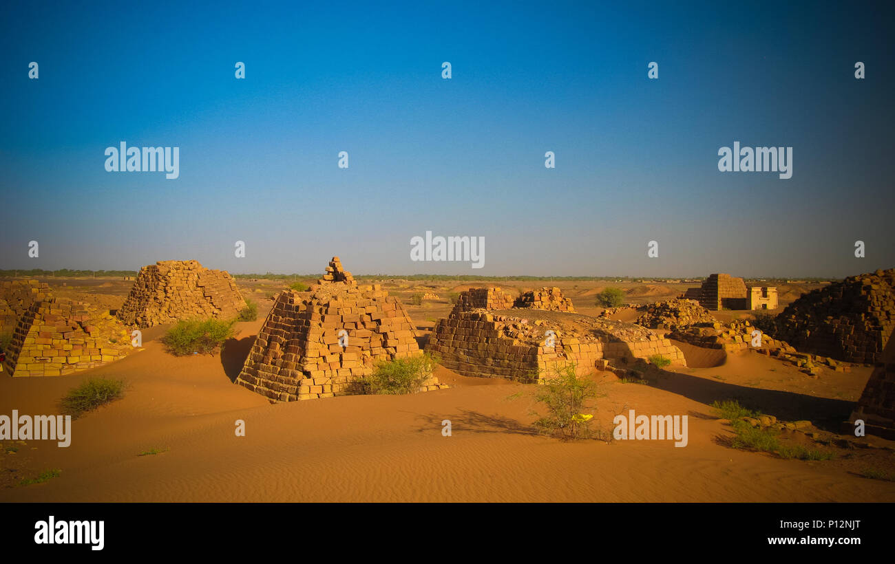 Panorama of Meroe pyramids in the desert at sunrise, Sudan Stock Photo ...