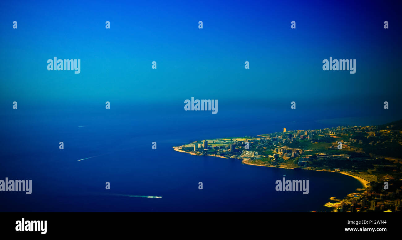 Aerial panoramic view to Jounieh city and bay from Harissa mountain ...