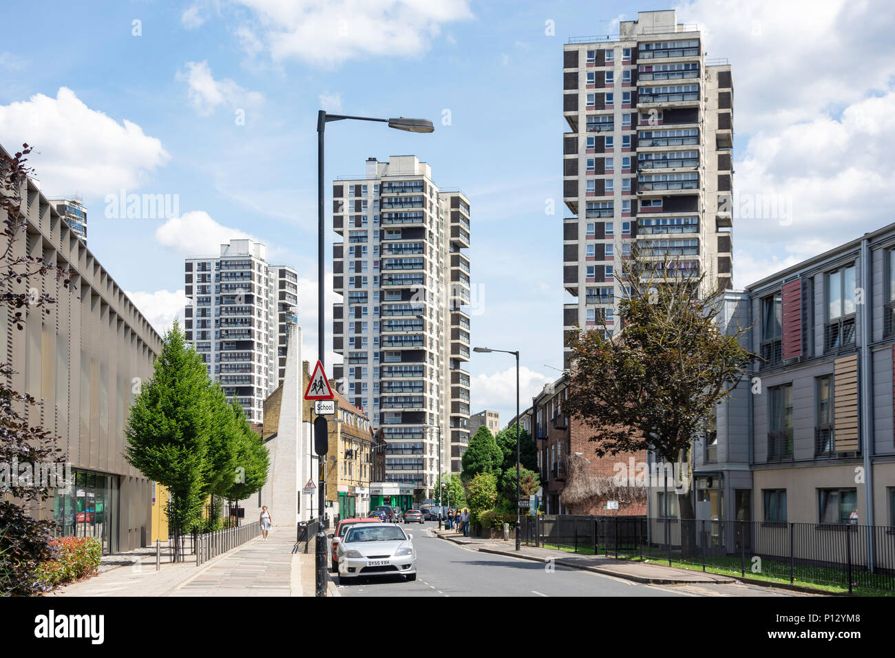 District suburb street residental blocks high rise buildings on hi-res ...