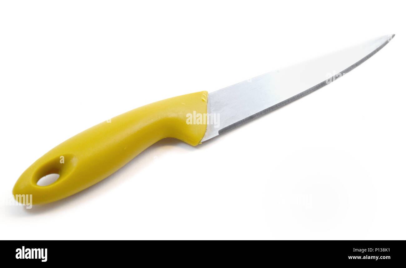 Plastic serrated kitchen knife with yellow handle - isolated Stock ...